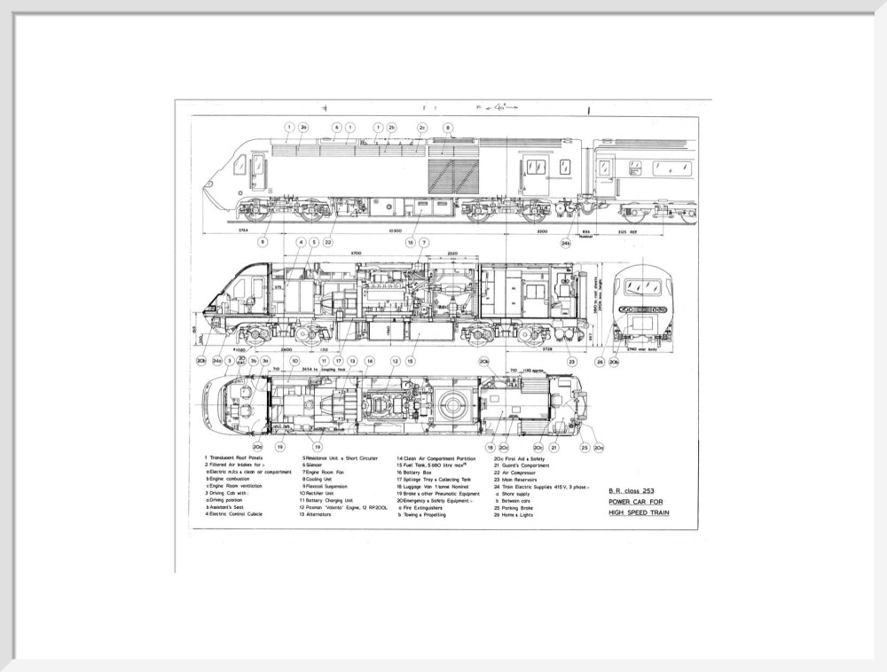 Drawing of power car for Class 253 (class 43) High Speed Train (HST, I ...